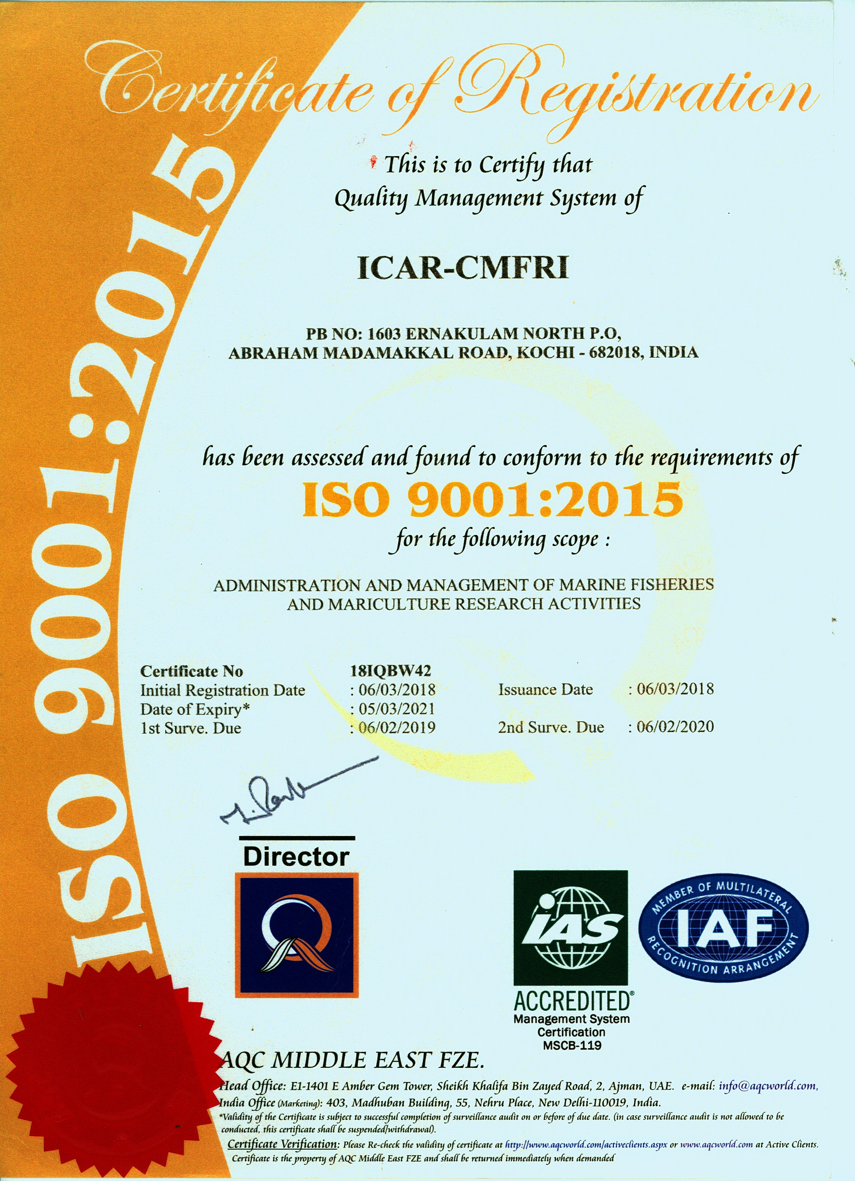 Certificate of Registration ISO 9001-2005 to ICAR-Central Marine Fisheries Research Institute ...